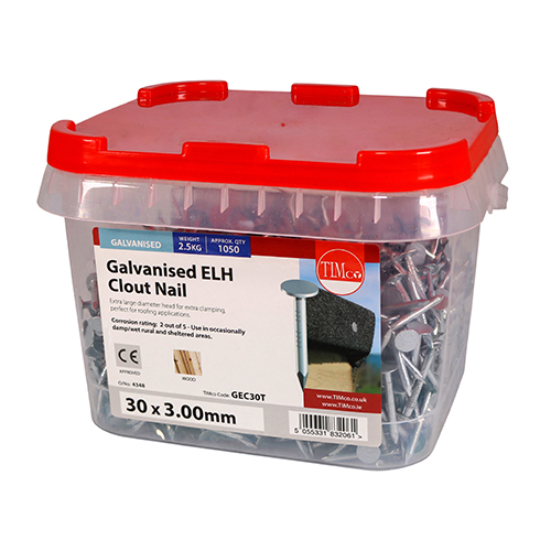 3.00mm x 30mm Galvanised ELH Clout Nails (2.5kg Tub)|Kellaway Building ...